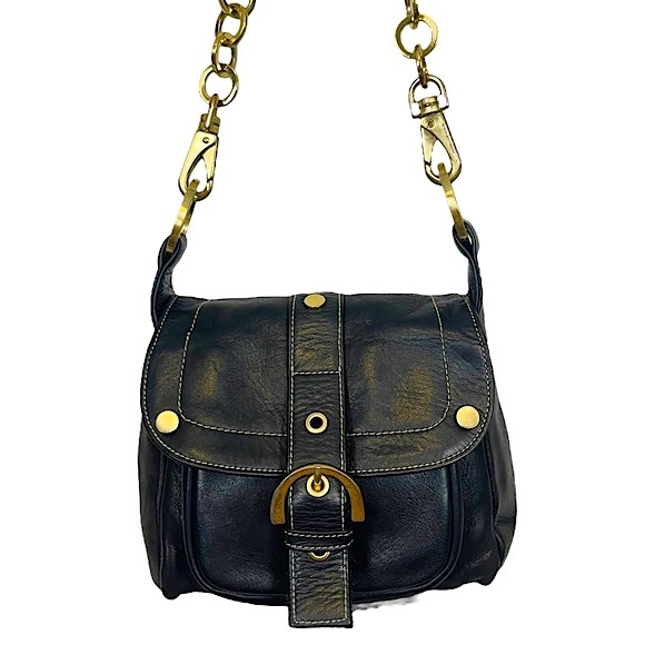 Perlina | Bags | Perlina Black Leather Gold Ring Strap Flap Top Mini ...